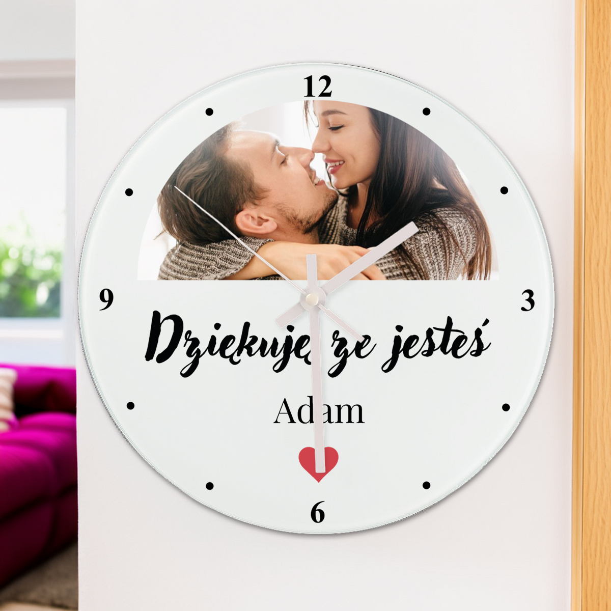 Okrągły szklany zegar z personalizacją - Dziękuję, że jesteś | Sklep Aleupominek.pl